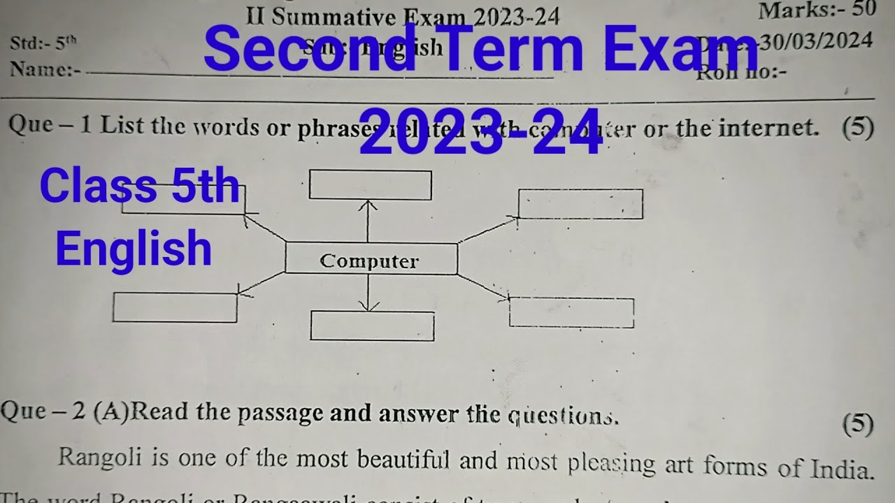 Second Term Exam Class 5th English | Final Exam question paper 2023-24 ...