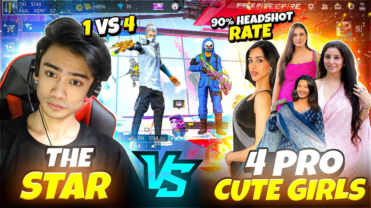 1 VS 4 PRO GIRLS 90%HEADSHOT RATE || THE STAR #thestar #freefire - YouTube