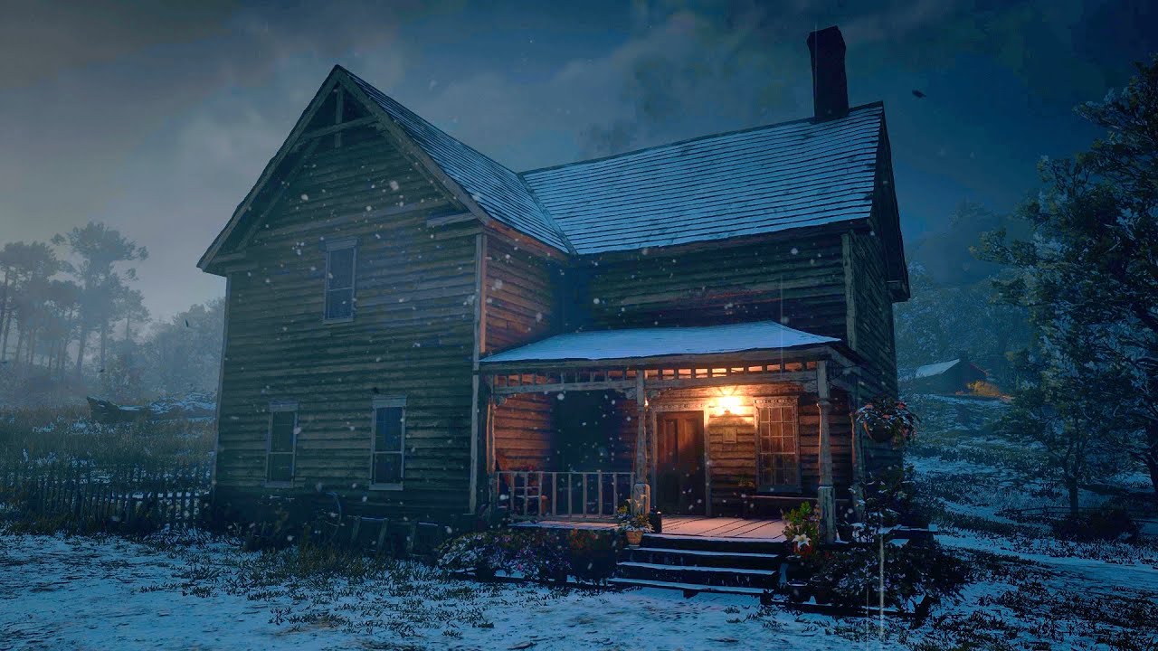 Big storm and sleet in front of a wooden house in the woods ...