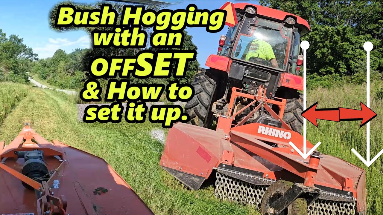 Tractor bush hogging with an offset - YouTube