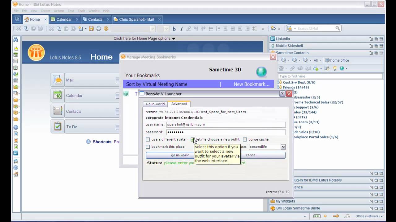 Logging onto Sametime 3D from Lotus Notes 8.5 - YouTube
