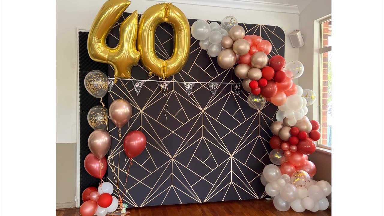 DIY Balloon garland for 40th Birthday how to on backdrop balloon arch ...