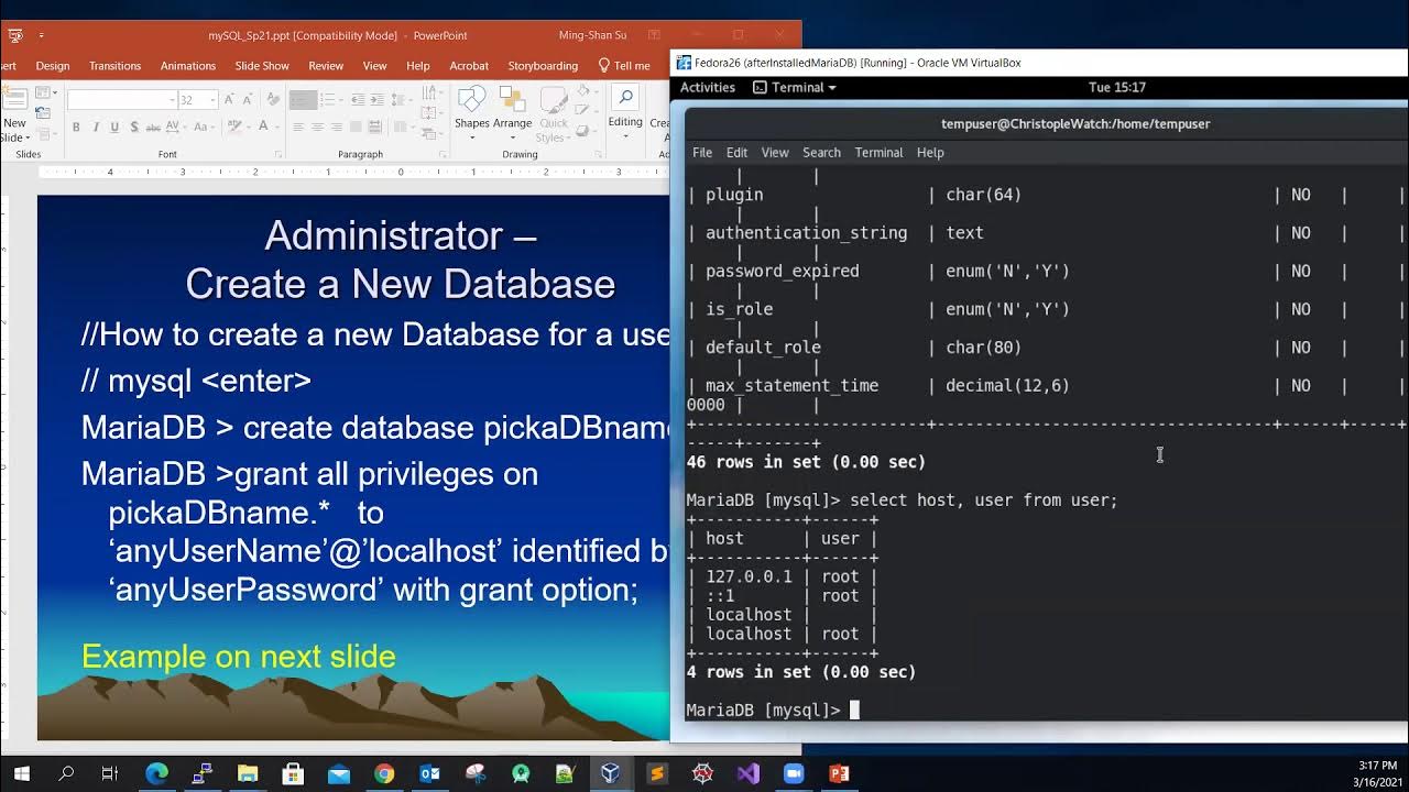 Setup a new Database (MariaDB) and its Permissions to a new user on Fedora26 - YouTube