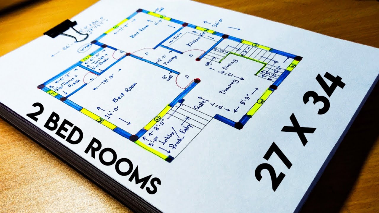 27 x 34 house plan with 2 bed rooms II 2 bhk ghar ka naksha II 27 x 34 ...