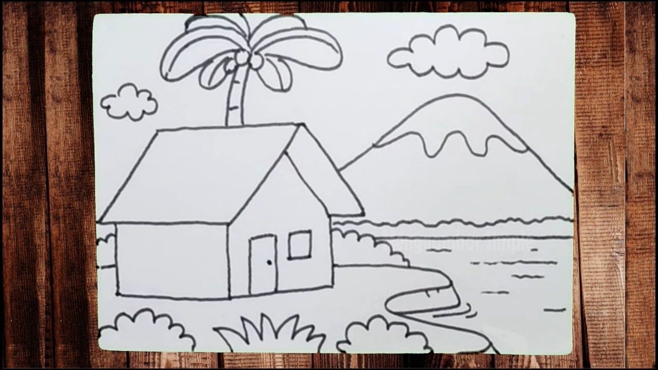 Cara Menggambar Mudah dan Simple Pemandangan Rumah di Tepi Pantai - YouTube