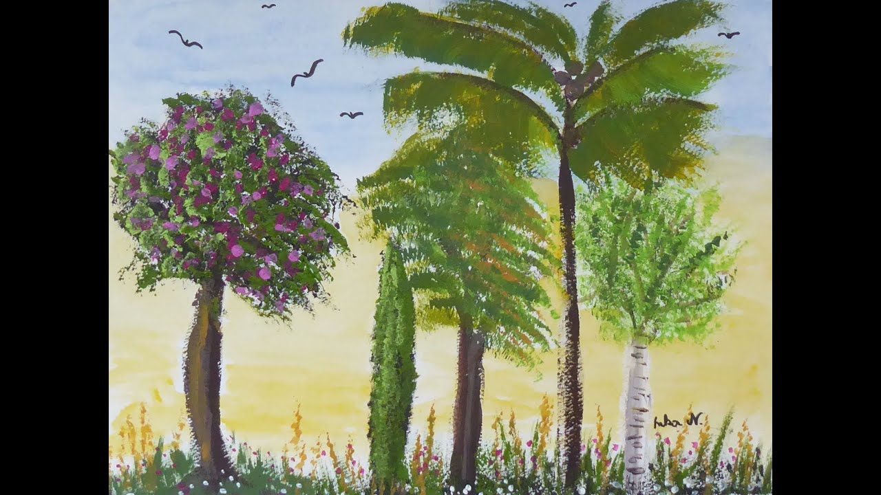 Mit Acrylfarben einfache Bäume in drei Schichten System malen. - YouTube