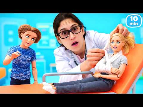 Kukla Barbie temizlik yaparken düşüyor, Ken ise hemen onu Doktor Uff'a götürüyor! Çocuk oyunları.