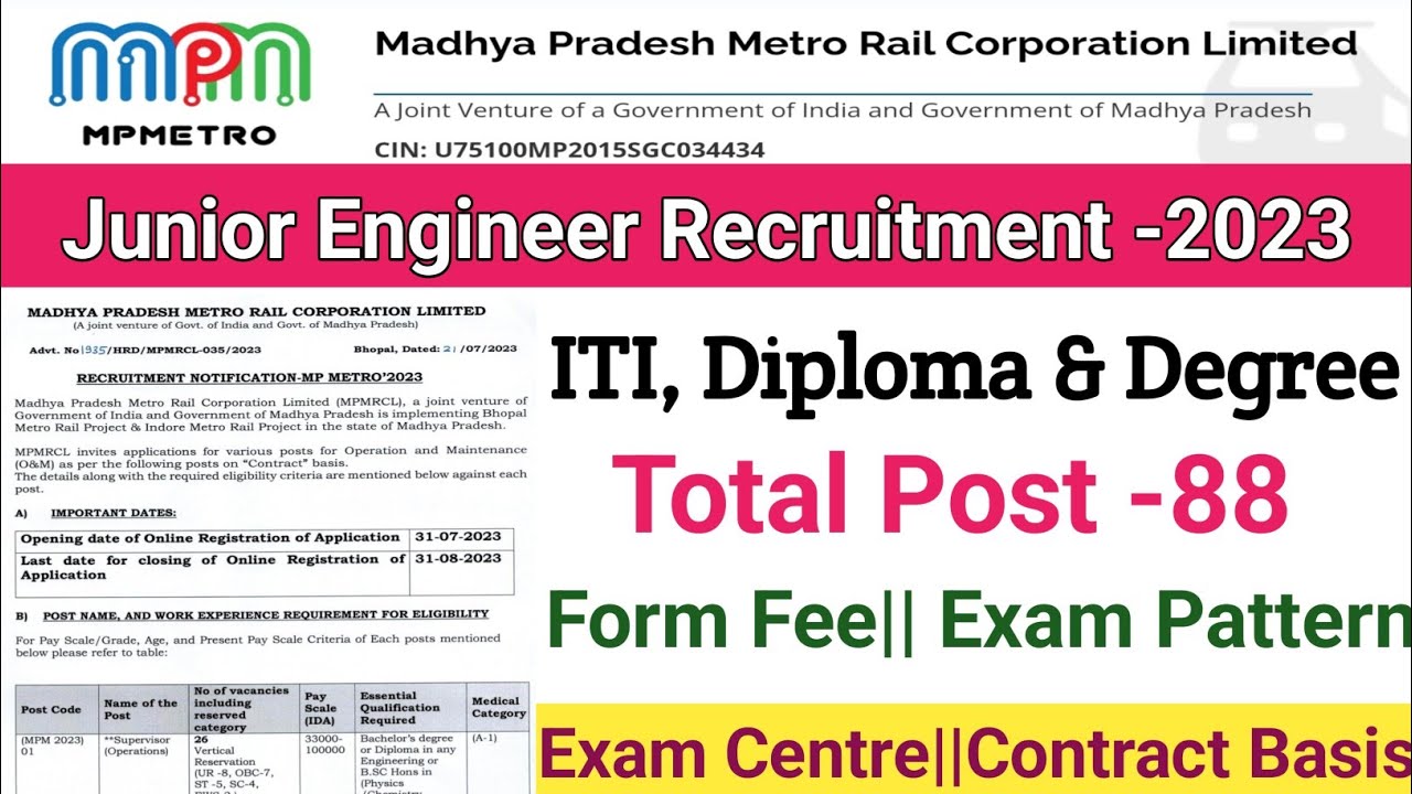 MP Metro JE Recruitment 2023||Supervisor, Maintainer||ITI,Diploma ...