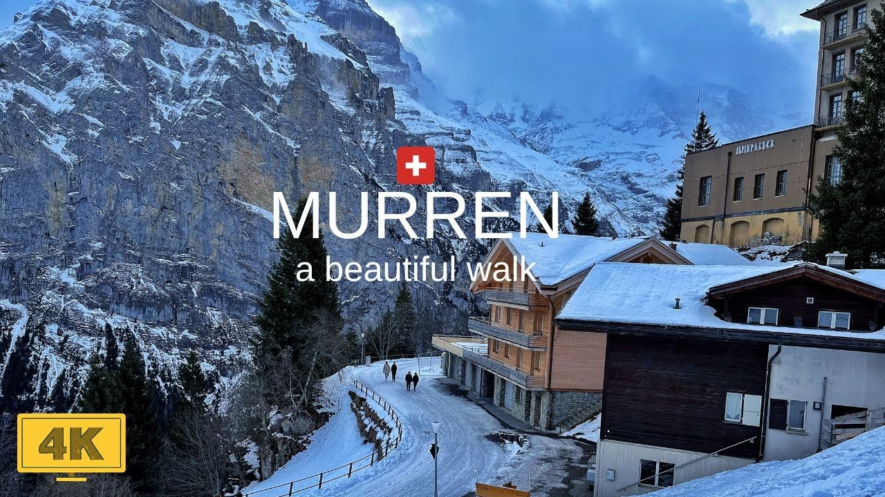 Snowy walk 🥶 in beautiful Murren , Switzerland🇨🇭 ,ambience sound ,cable ...