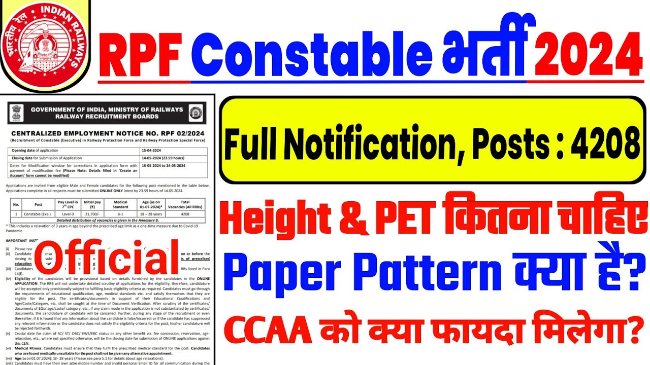 Railway RPF Constable Full Notification 2024 Out | Sallary, Exam ...