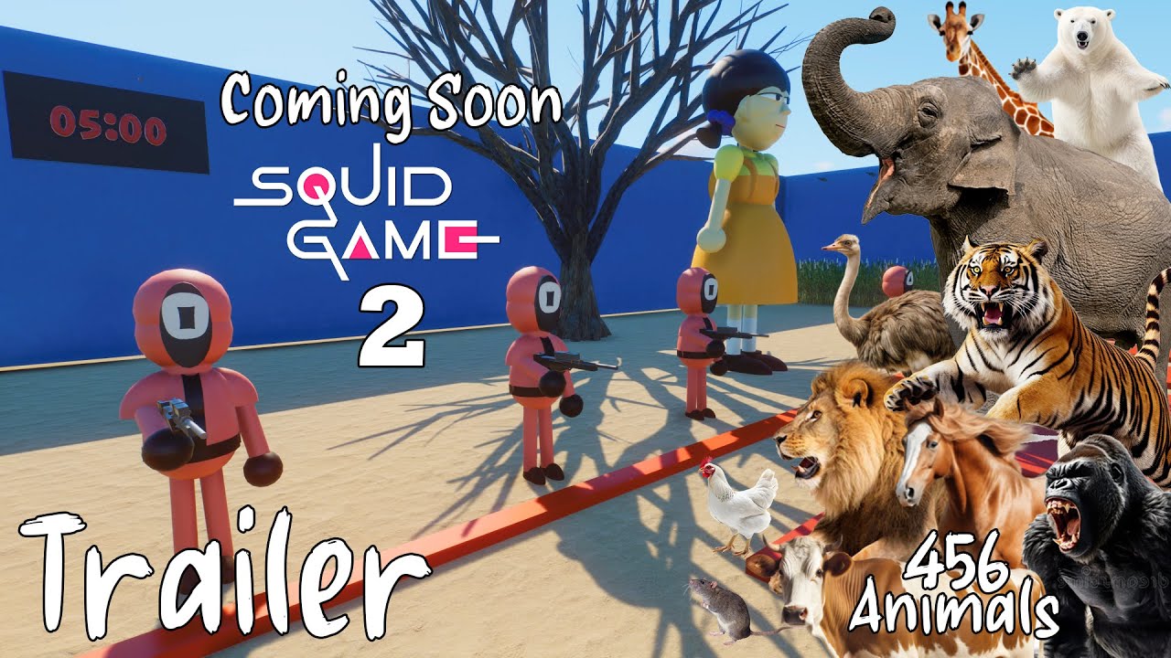 456 Animals in Squid Game Red Light Green Light included Elephant ...