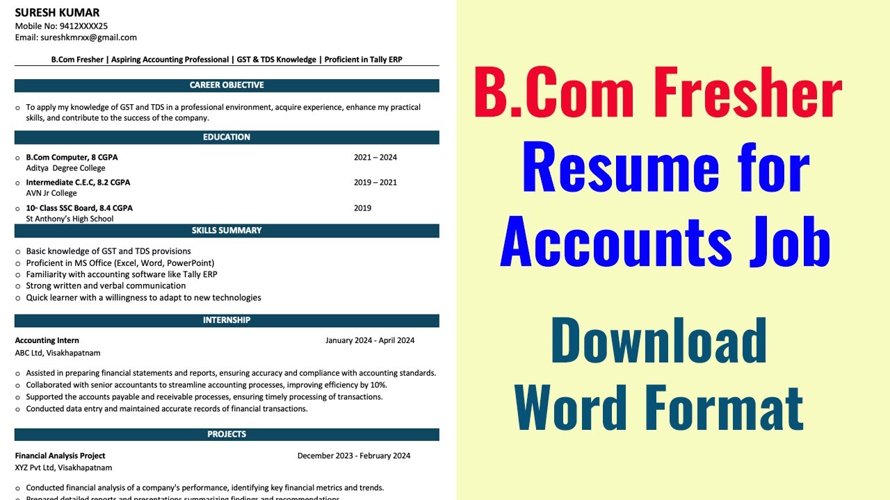 B Com Fresher Resume for Accounts Job| Download Word File - YouTube