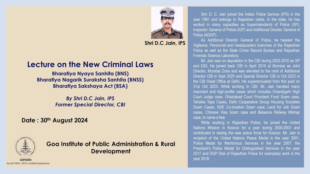 LECTURE ON THE NEW CRIMINAL LAWS BY SHRI D. C JAIN, IPS - YouTube