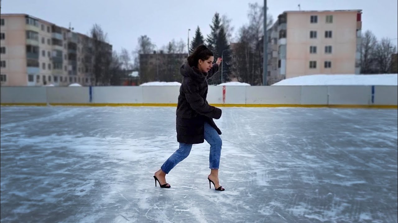 High Heels Mules on Slippy Ice Rink, High Heels Mules on Ice, Girl in ...
