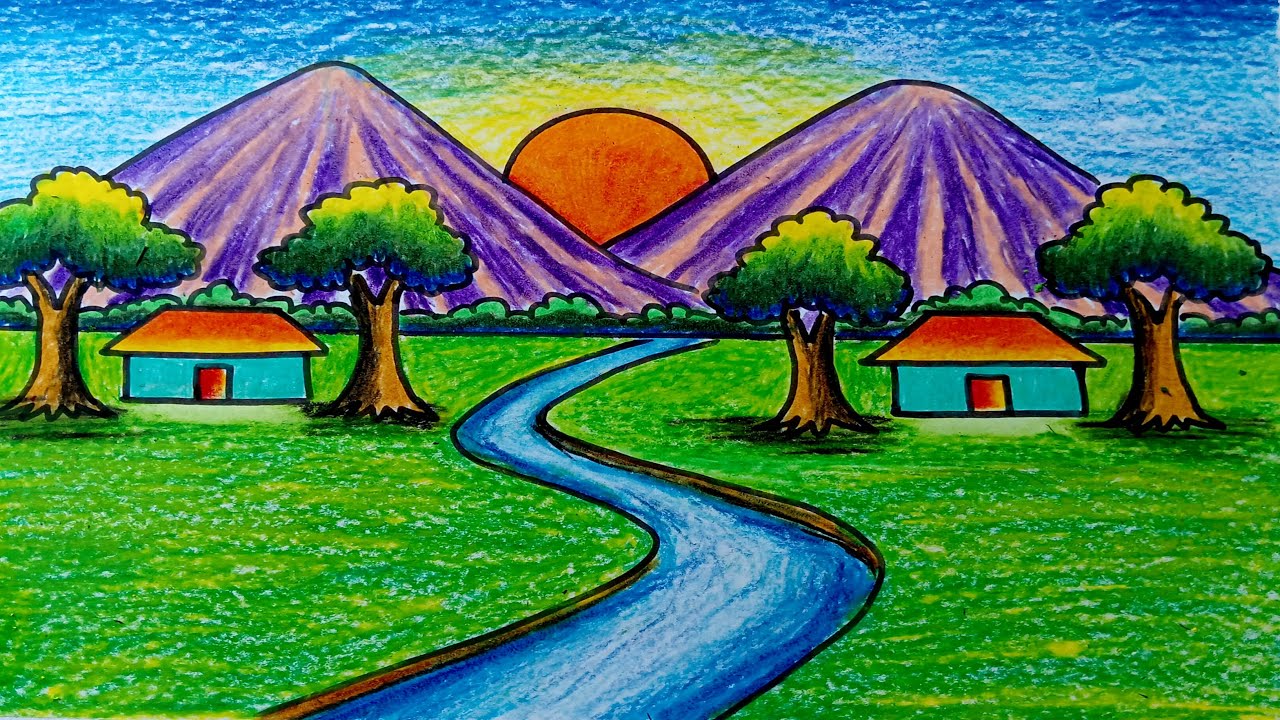 beautiful landscape drawing with mountain scenery tutorial - YouTube