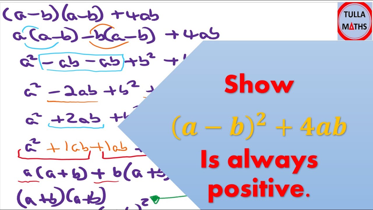 Prove (a-b)^2+ 4ab is always positive - YouTube