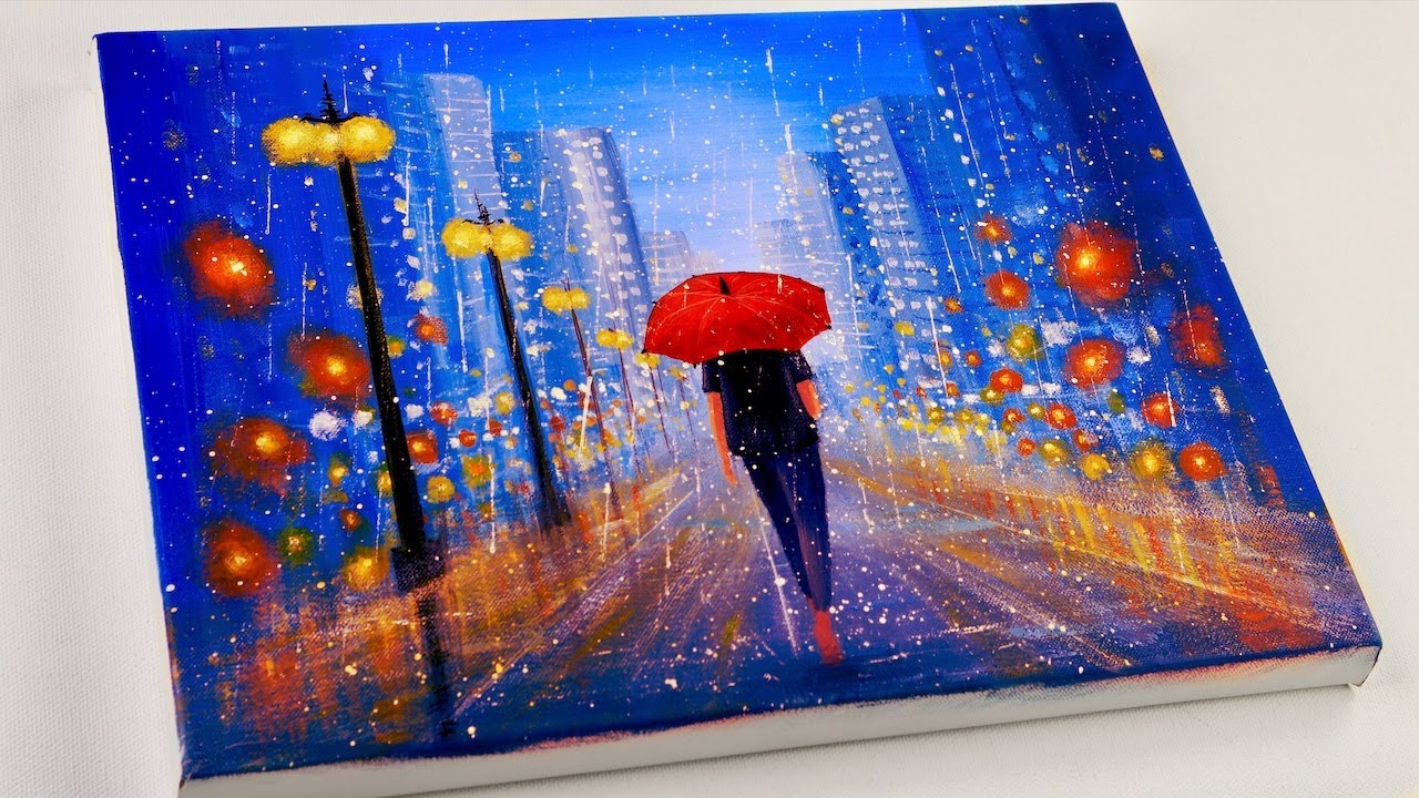 How to Draw a Girl Walking in the Rain / Acrylic Painting Tutorial ...