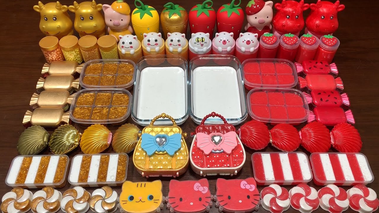 Red Vs Gold || Mixing Too Many Things Into Glossy Slime || Relaxing ...