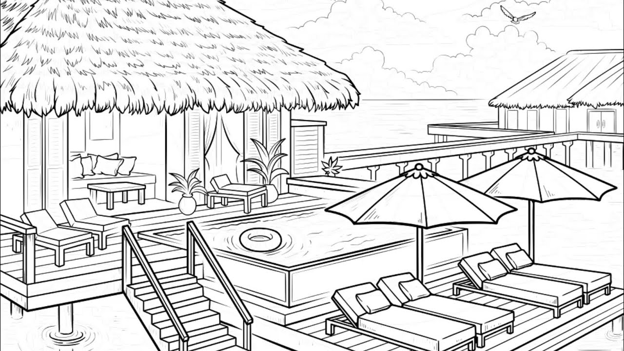 Color by Numbers Art Bungalow Pool Summer Vacations Zen Color by Number ...