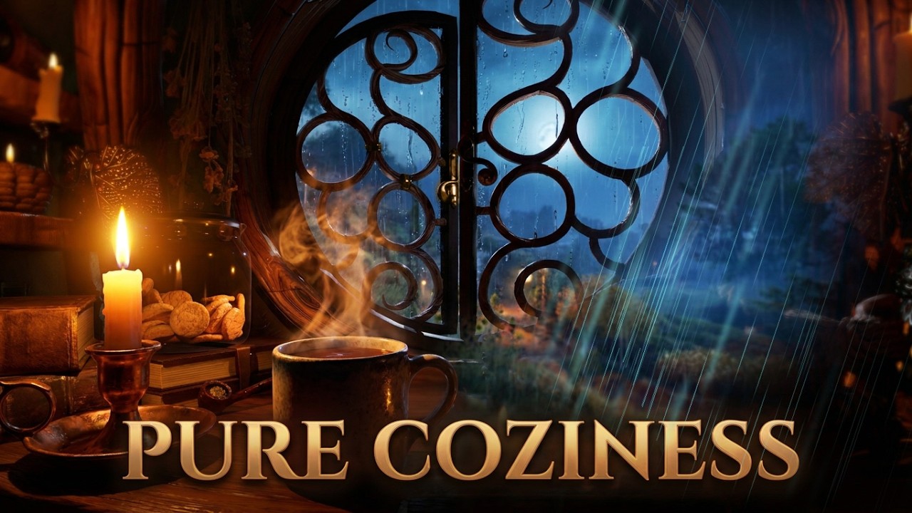 Cozy Rainy Night in a Hobbit Nook Ambience Dreams of the Shire | Sleep ...