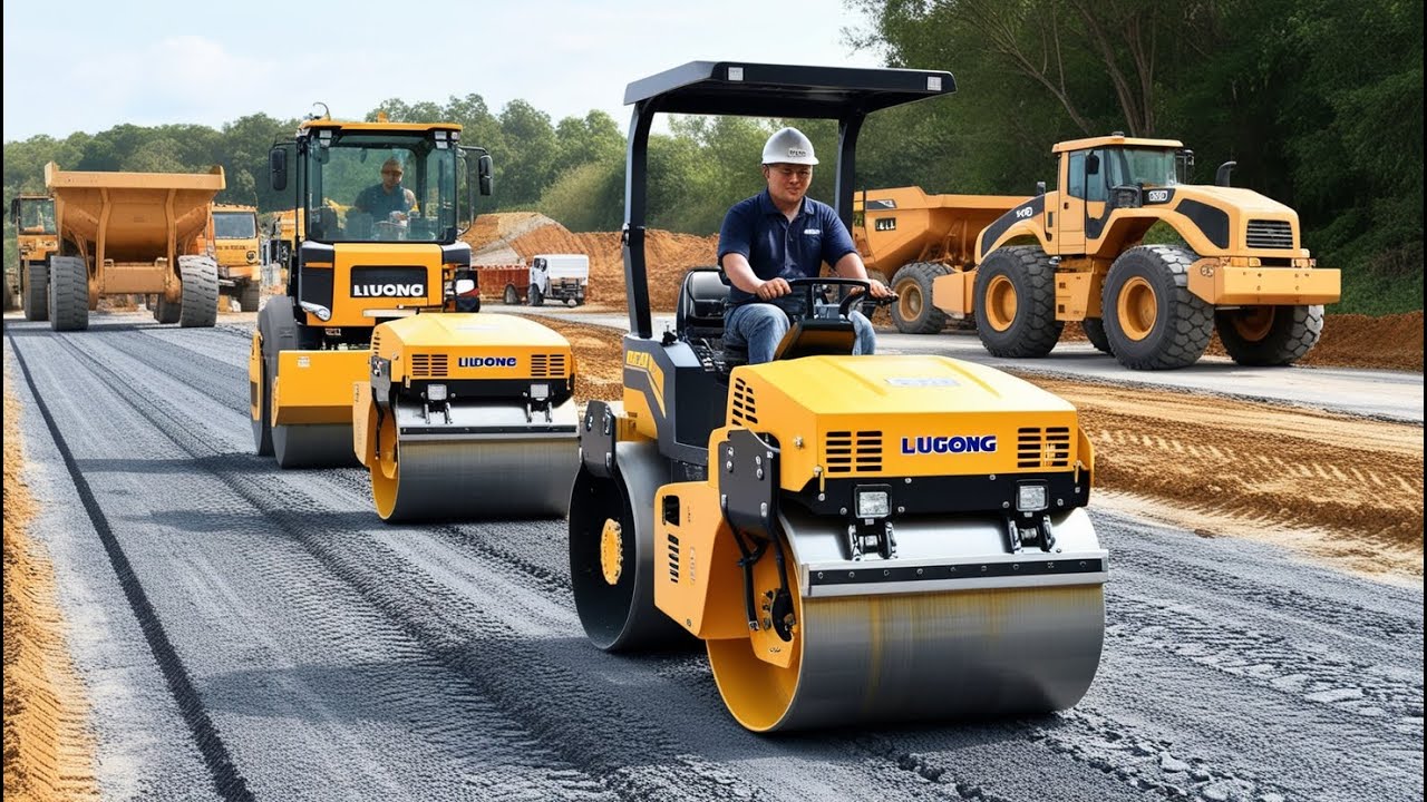 Road construction site with various heavy machinery in operation ...