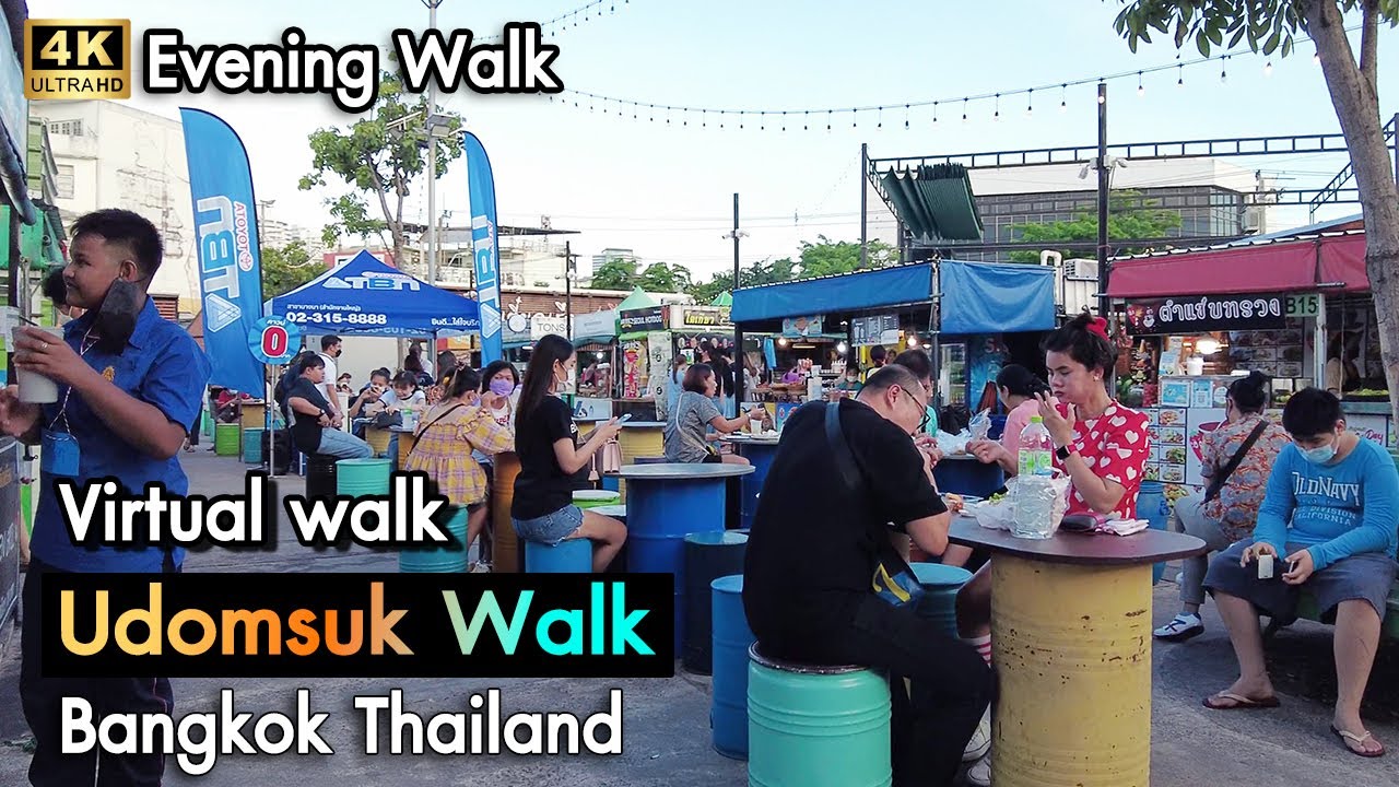 [4K] Udomsuk Walk (street food stalls and Beer garden) | Bangkok Virtual Walking Tour | Thailand ...
