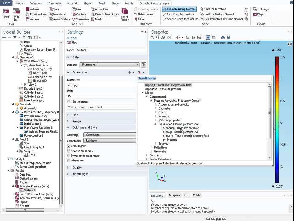 COMSOL Multiphysics tutorial Absorptive Muffler Acoustics Pressure part ...