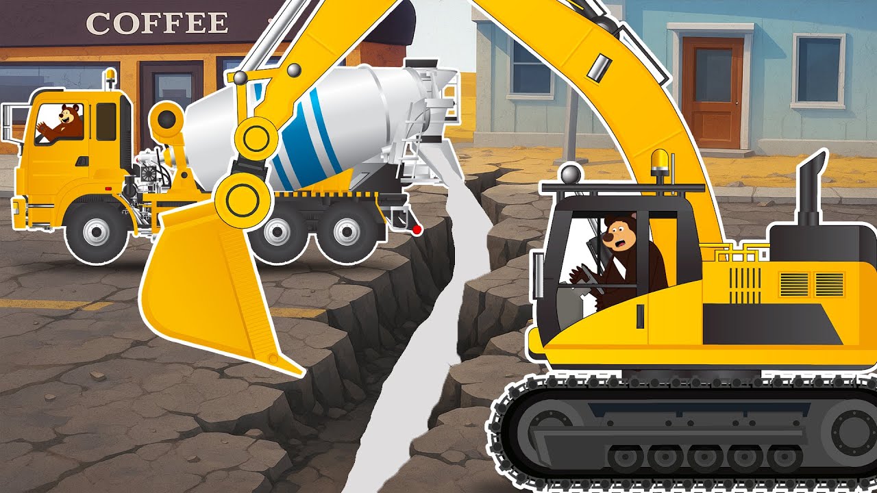 Cracked Road - Excavator, Cement Mixer Road Repair | Construction ...