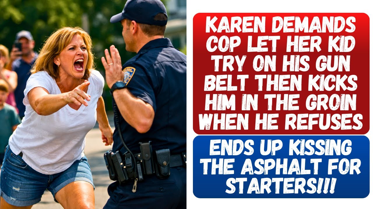 KAREN DEMANDS COP LET HER KID TRY ON HIS GUN BELT THEN KICKS HIM IN THE ...