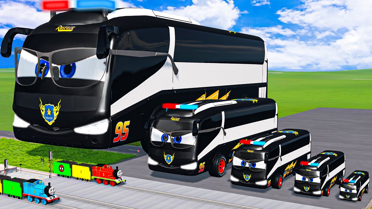 Big & Small Long Police Buses Spiderman vs Train Thomas | BeamNG.Drive ...
