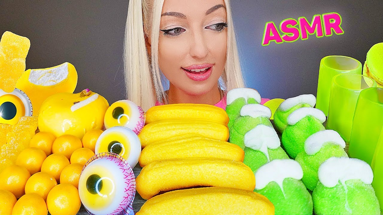 ASMR EATING YELLOW & GREEN FOOD, MARSHMALLOW, ICE CREAM, JELLY, CANDY ...