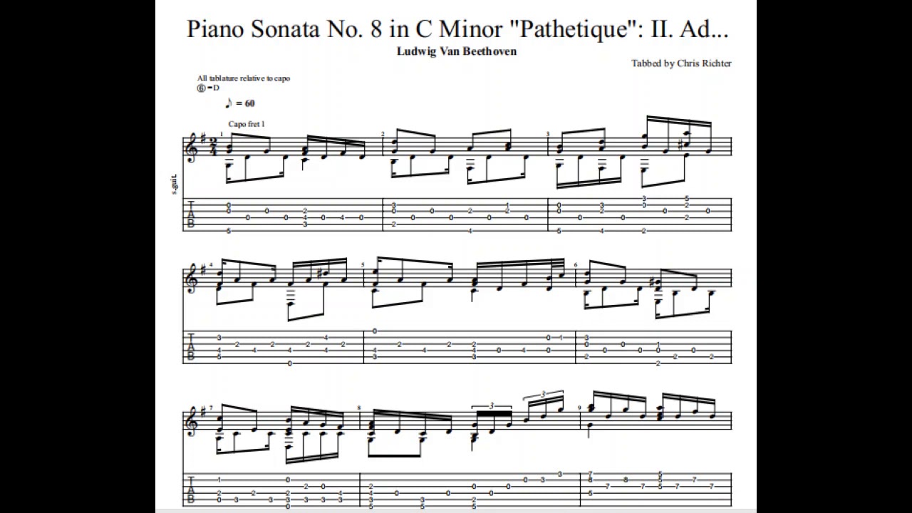 Beethoven: Pathetique Sonata II. Adagio cantabile with tablature/sheet ...