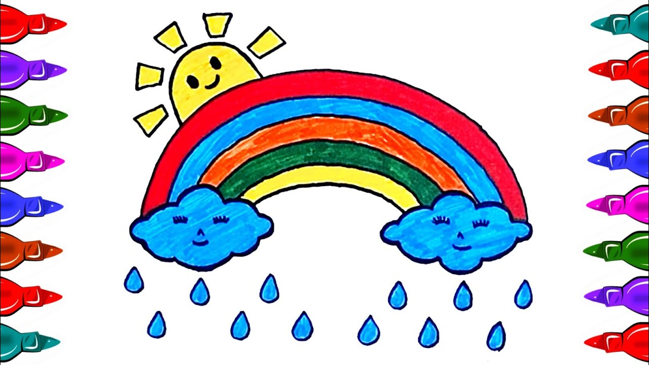 Draw and Color Rainbow with Clouds, Sun and Rain on Paper - YouTube