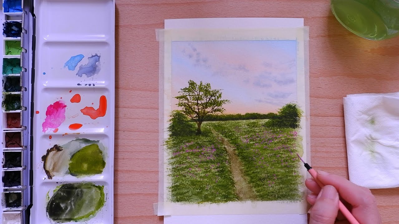 Easy Painting for Beginners / Grass Meadow In Watercolor - YouTube