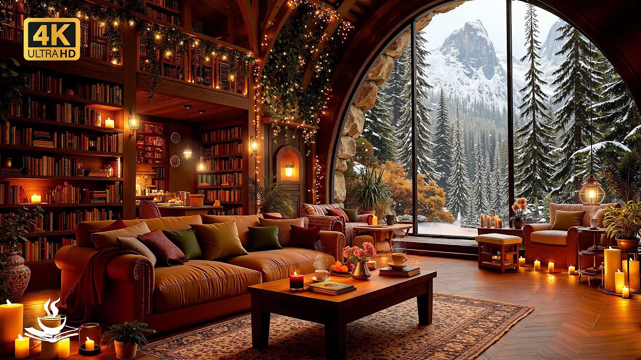 Silent Pines Winter Jazz Library ️ Snowy Cabin Retreat with Ember Glow ...