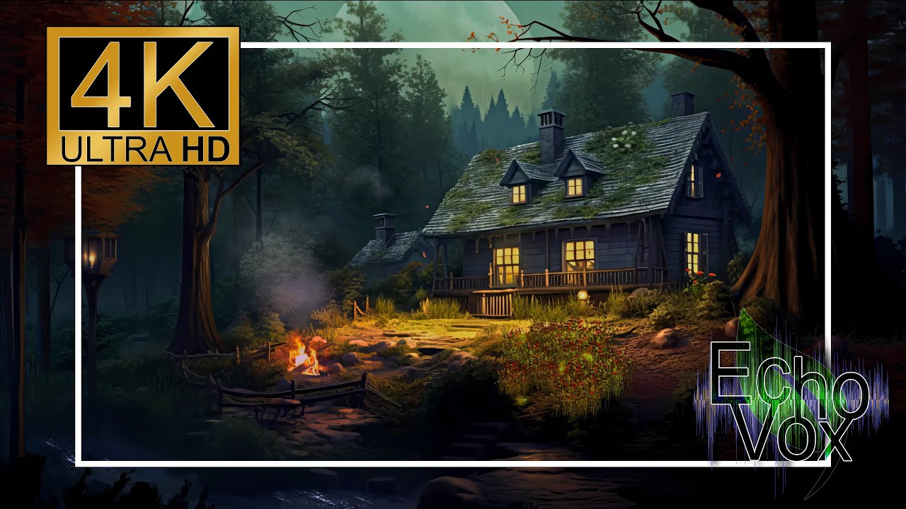 Campfire at an abandoned wooden shack in a mystical forest - Relaxing ...