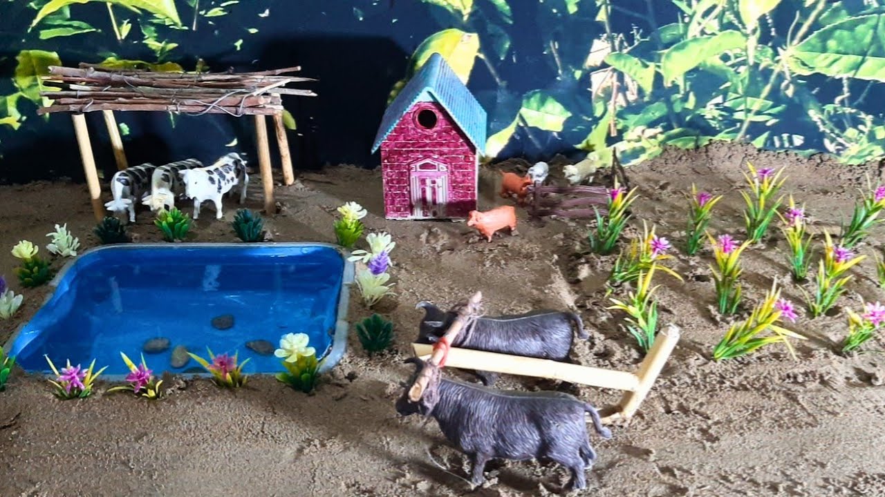 DIY mini Farm Diorama with house for cow| goats shed | Pool to supply ...