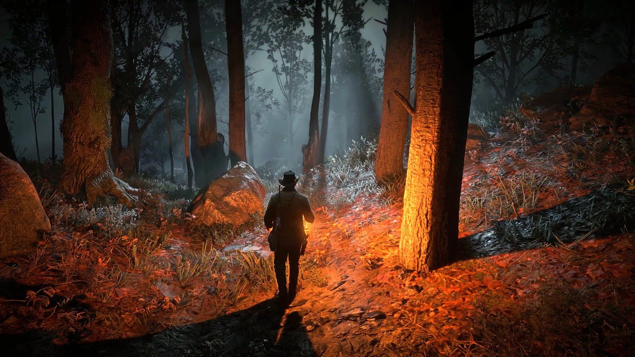 4K Relaxing Walking in a Forest at Night with a Lamp | RDR2 Forest and ...