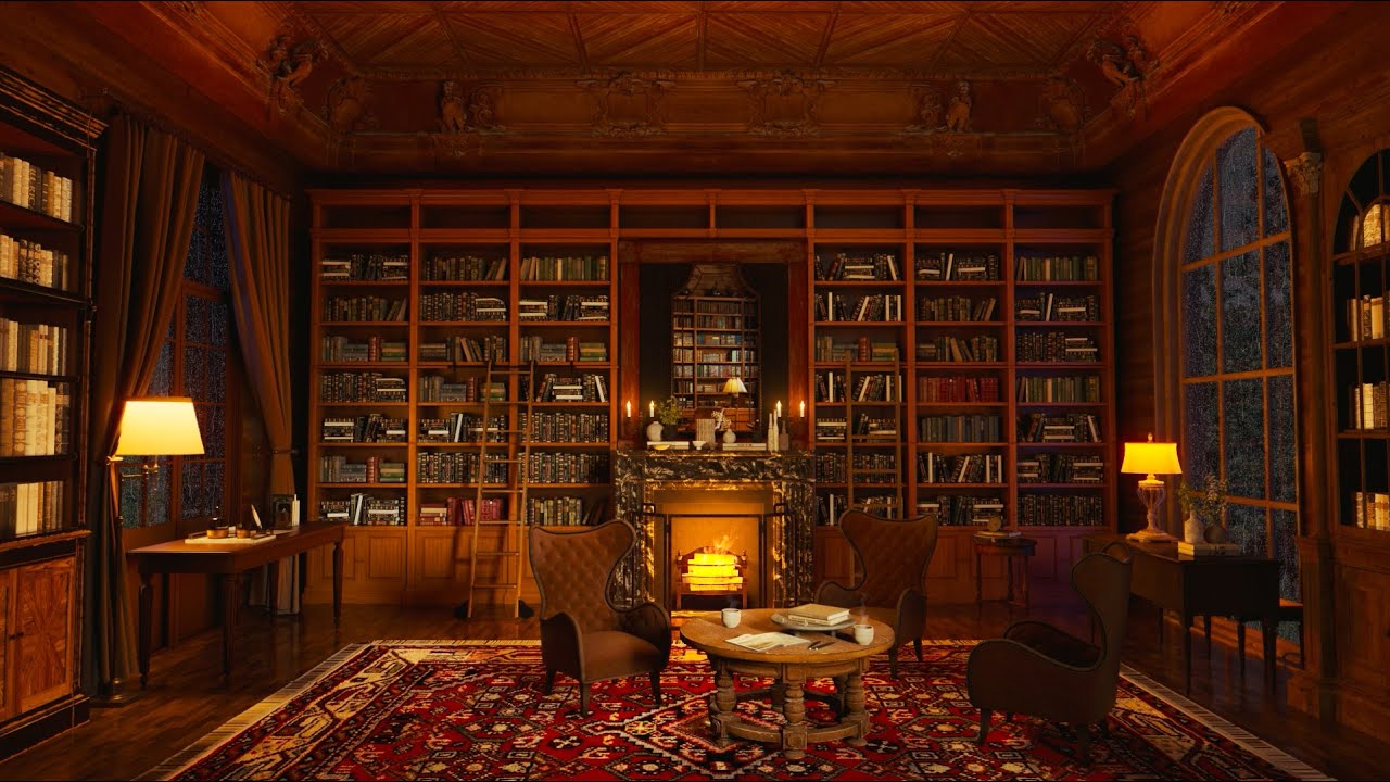 Relaxing Rain and Thunder in the Library at Night with Library Sounds ...