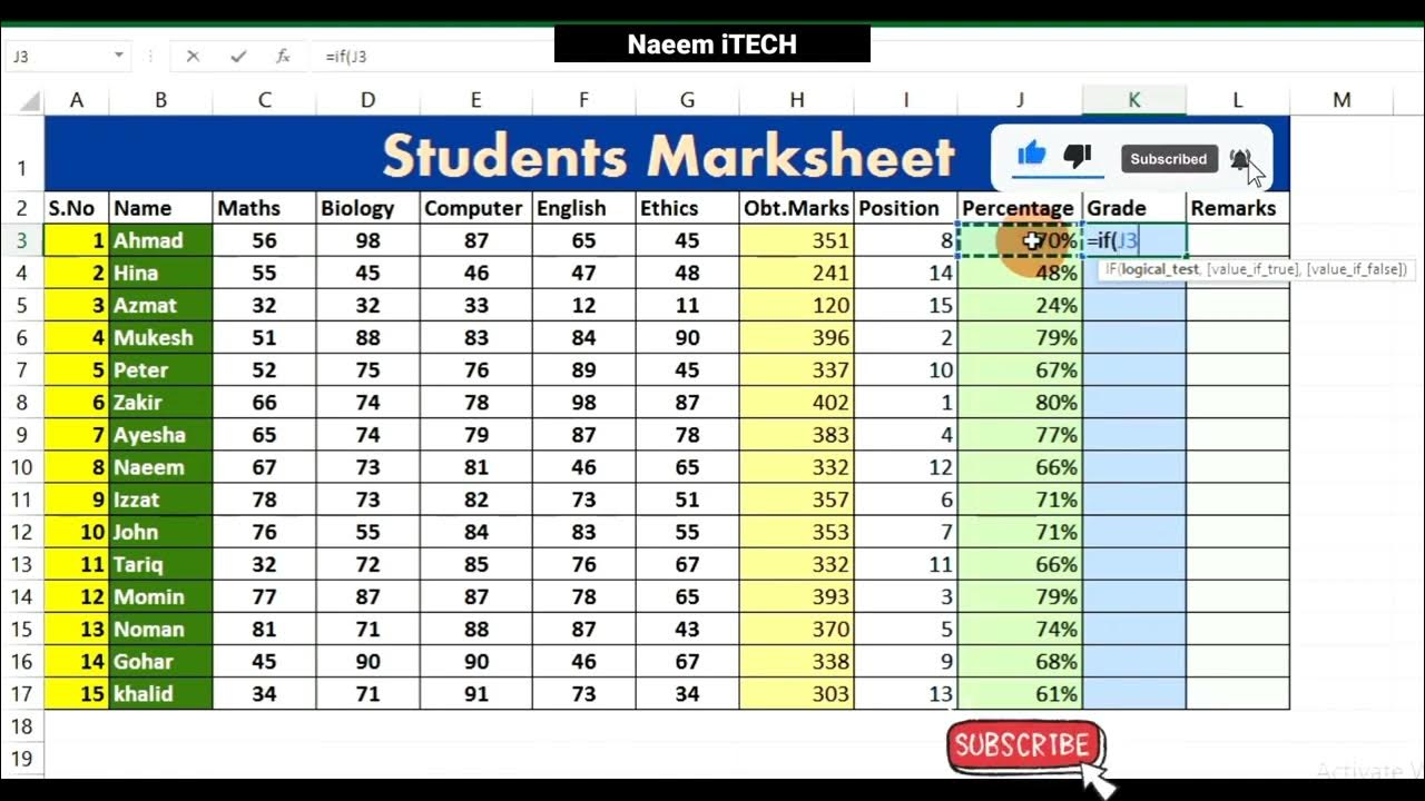 How to Prepare students result marksheet in Microsoft Excel - YouTube