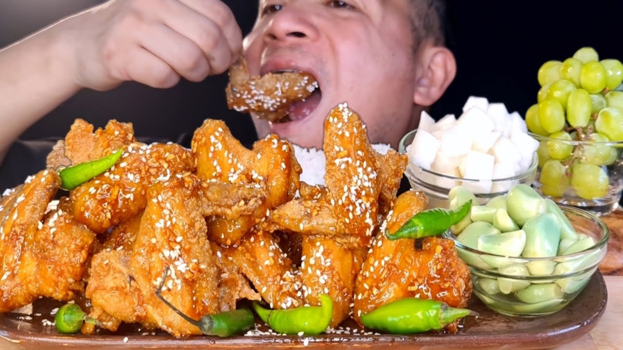 Crispy Honey Glazed Chicken Wings, Lava Garlic, Pickled Radish | asmr ...
