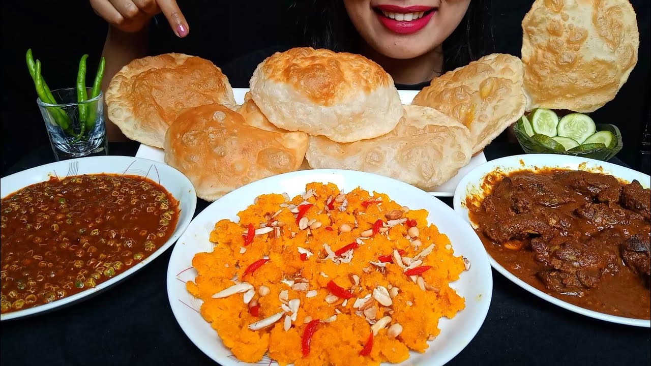 ASMR:EATING LUCHI WITH SPICY MATAR MASALA CURRY,RAVA HALWA,CHICKEN ...