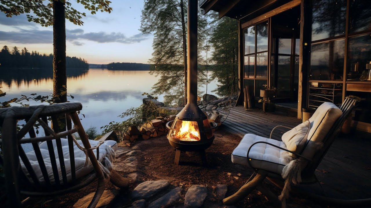 Calming Lakeside Forest Scene with Cozy Fireplace | Soothing Fire ...