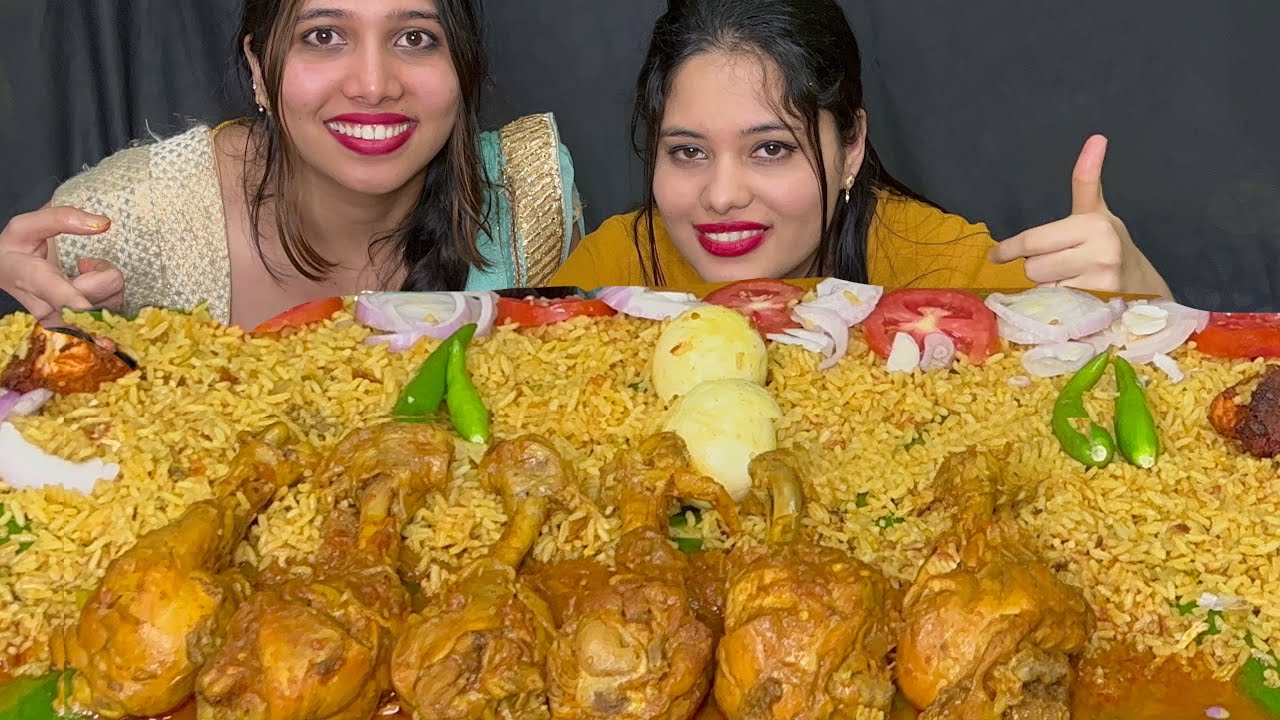 Eating Spicy🔥 chicken biryani🥘, chicken leg piece🍗, boiled egg, salad ...