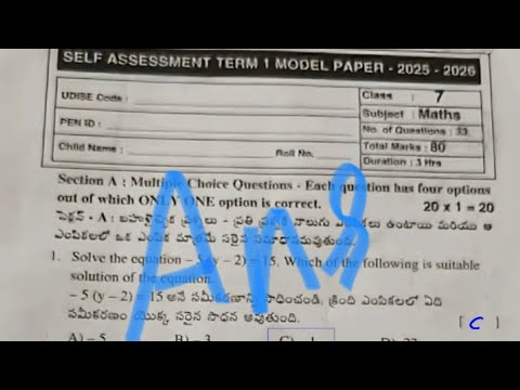 7th class maths self assessment term 1 real question paper with answer key sheet