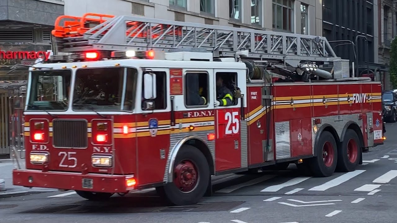 FDNY ENGINE 74 AND LADDER 25 RESPONDING ( HORN AND ELECTRIC Q ) - YouTube