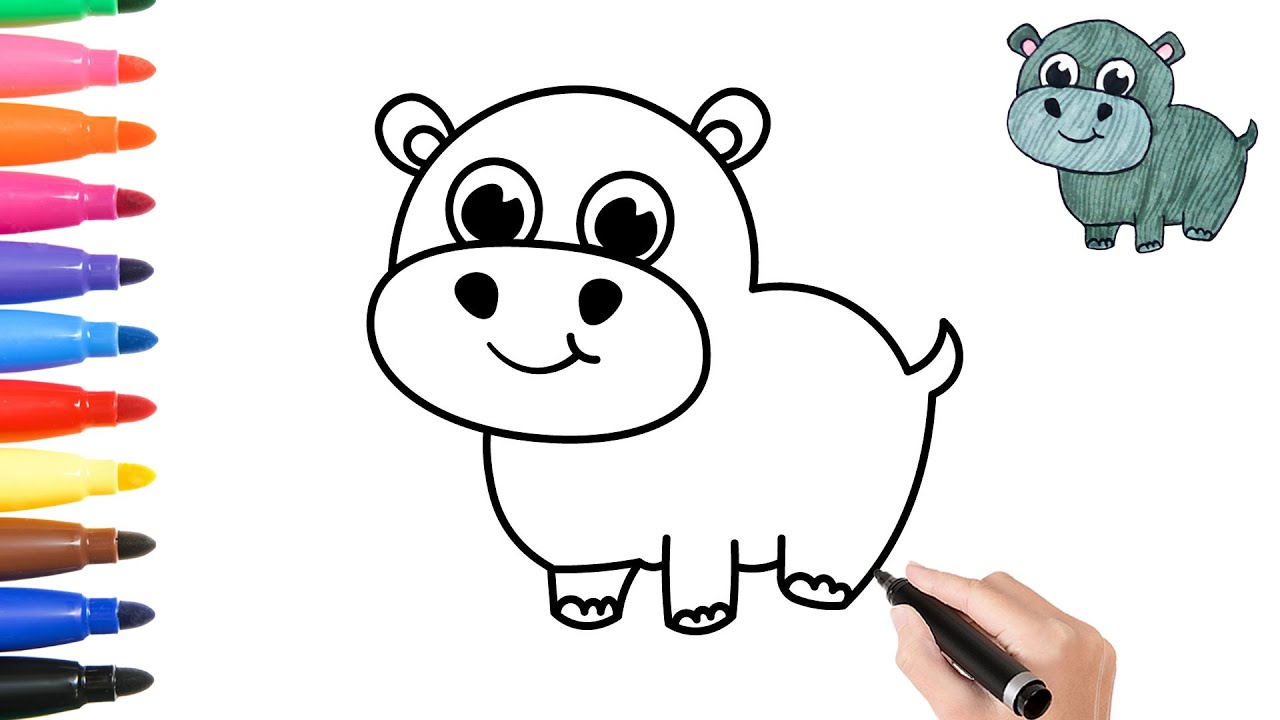 How to Draw Cute Baby Hippo Easy | Step-by-Step Drawing and Coloring ...