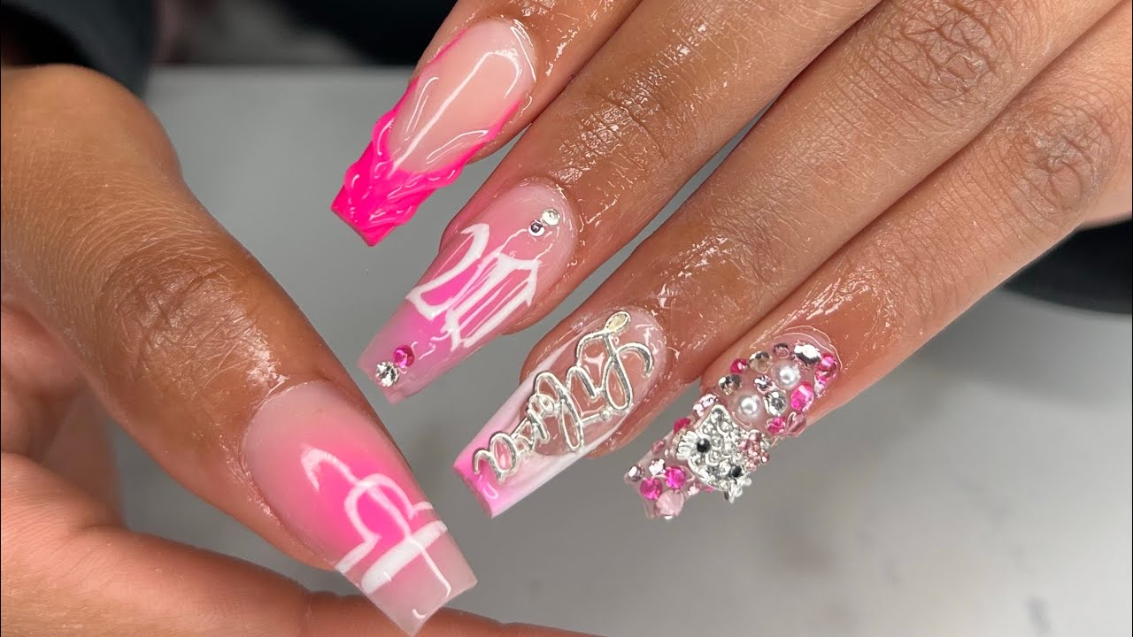 PINK HELLO KITTY NAILS | FREESTYLE NAILS | BIRTHDAY NAILS | ACRYLIC ...