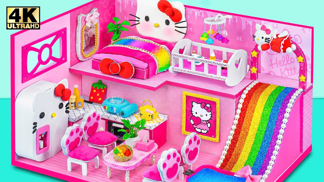 Build Hello Kitty Pink House with Cute Bed, Rainbow Slide Pool, Kitchen ...