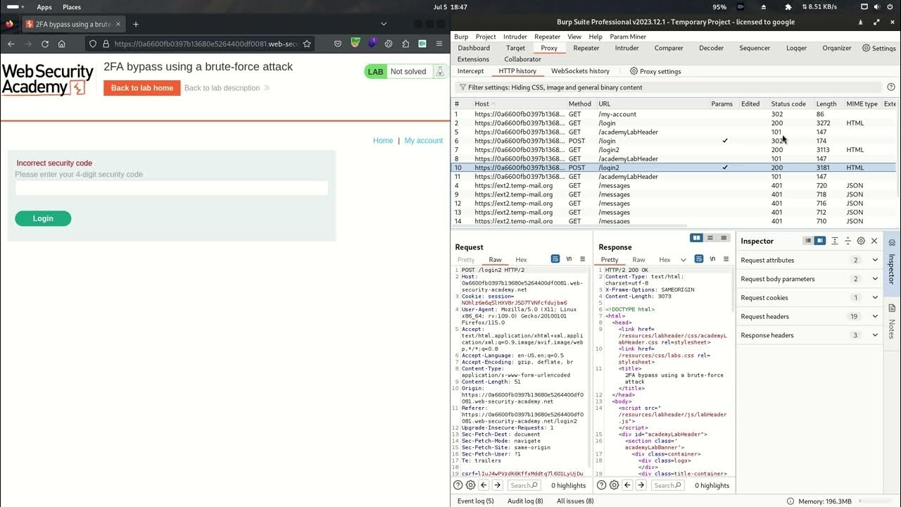 2.14 Lab: 2FA bypass using a brute-force attack | Portswigger Labs - YouTube